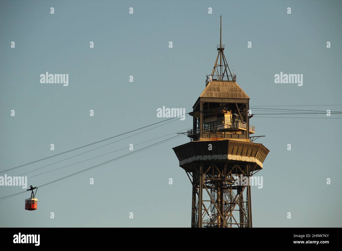 Tall metal tower with a cable car line in Barcelona, Spain Stock Photo ...