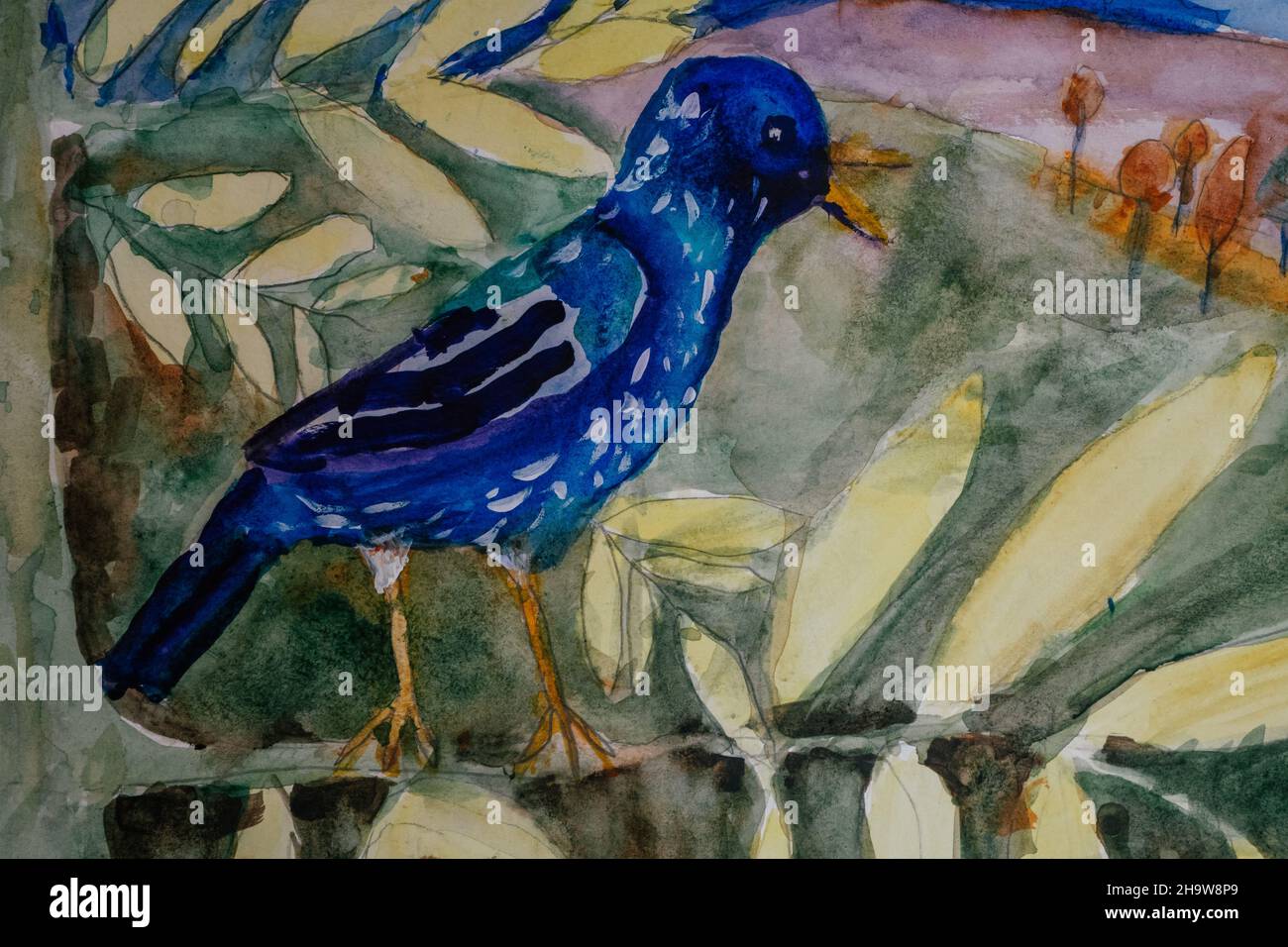 Children drawing of blue bird starling sitting on green branch with ...