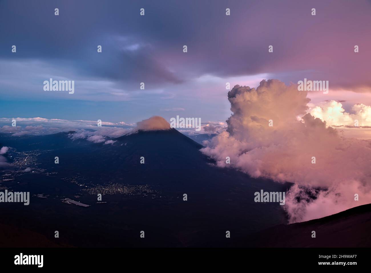 Cloud cap on Santiago Atitlan volcano at sunset from Acatenango ...