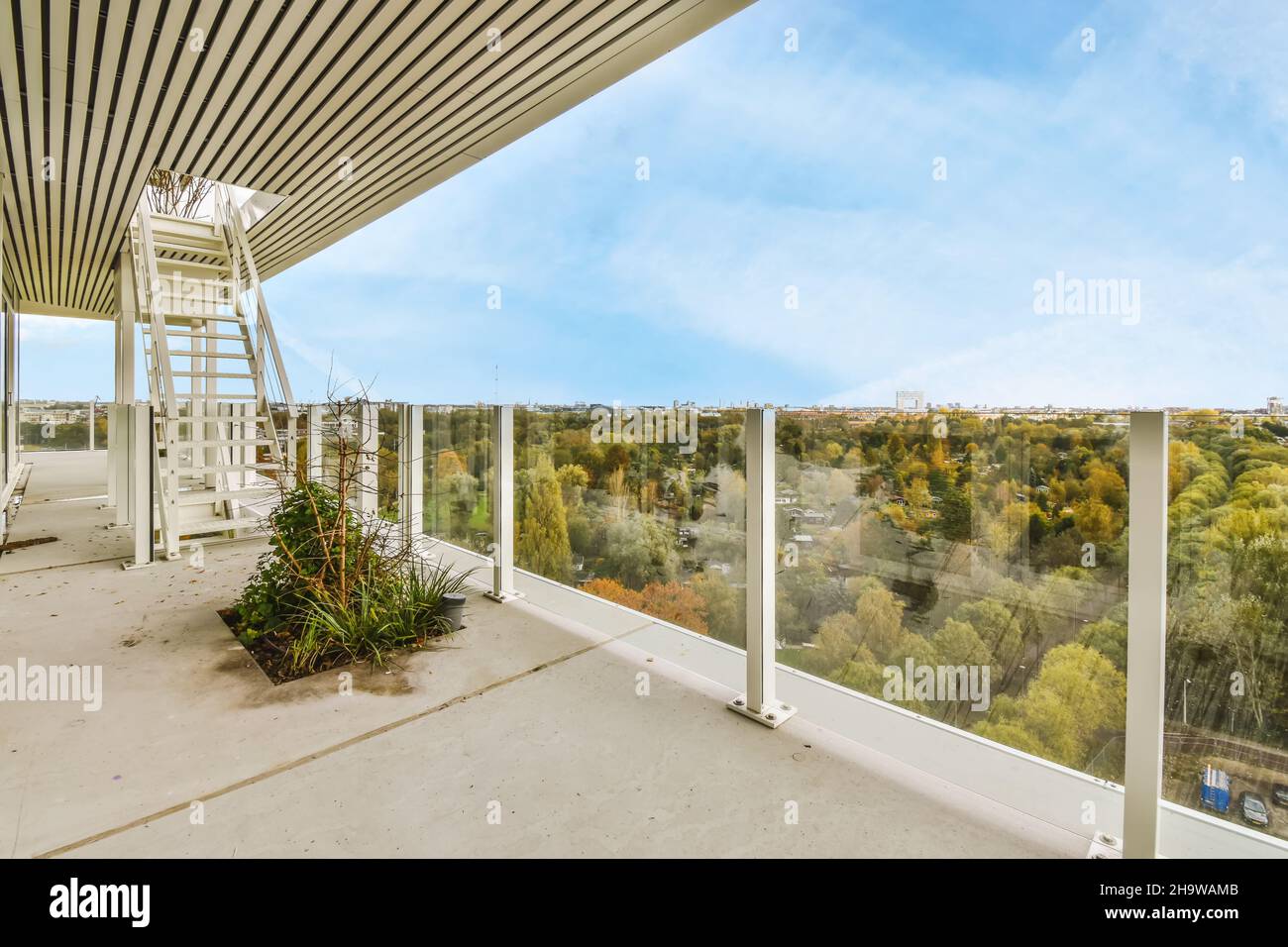 Unusual delightful balcony with mesmerizing views and stairs Stock ...