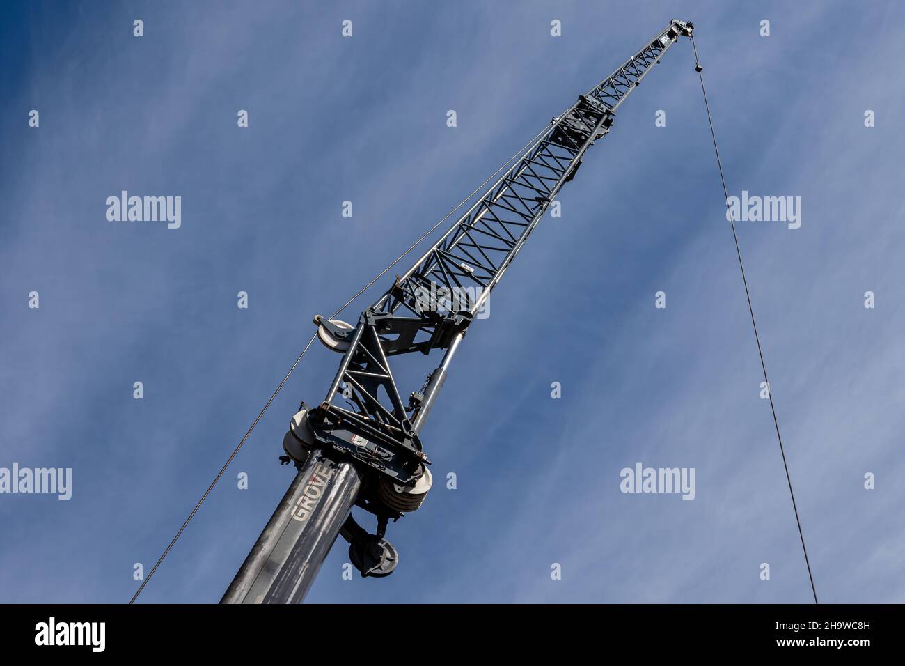 Low angle shot of an industrial crane in downtown Montreal, Canada ...