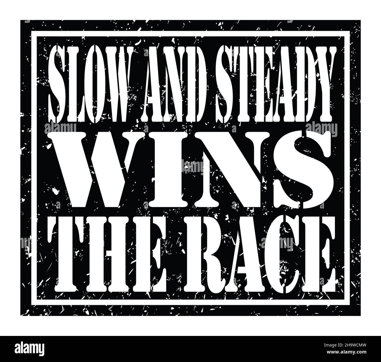 SLOW AND STEADY WINS THE RACE, words written on black stamp sign Stock ...