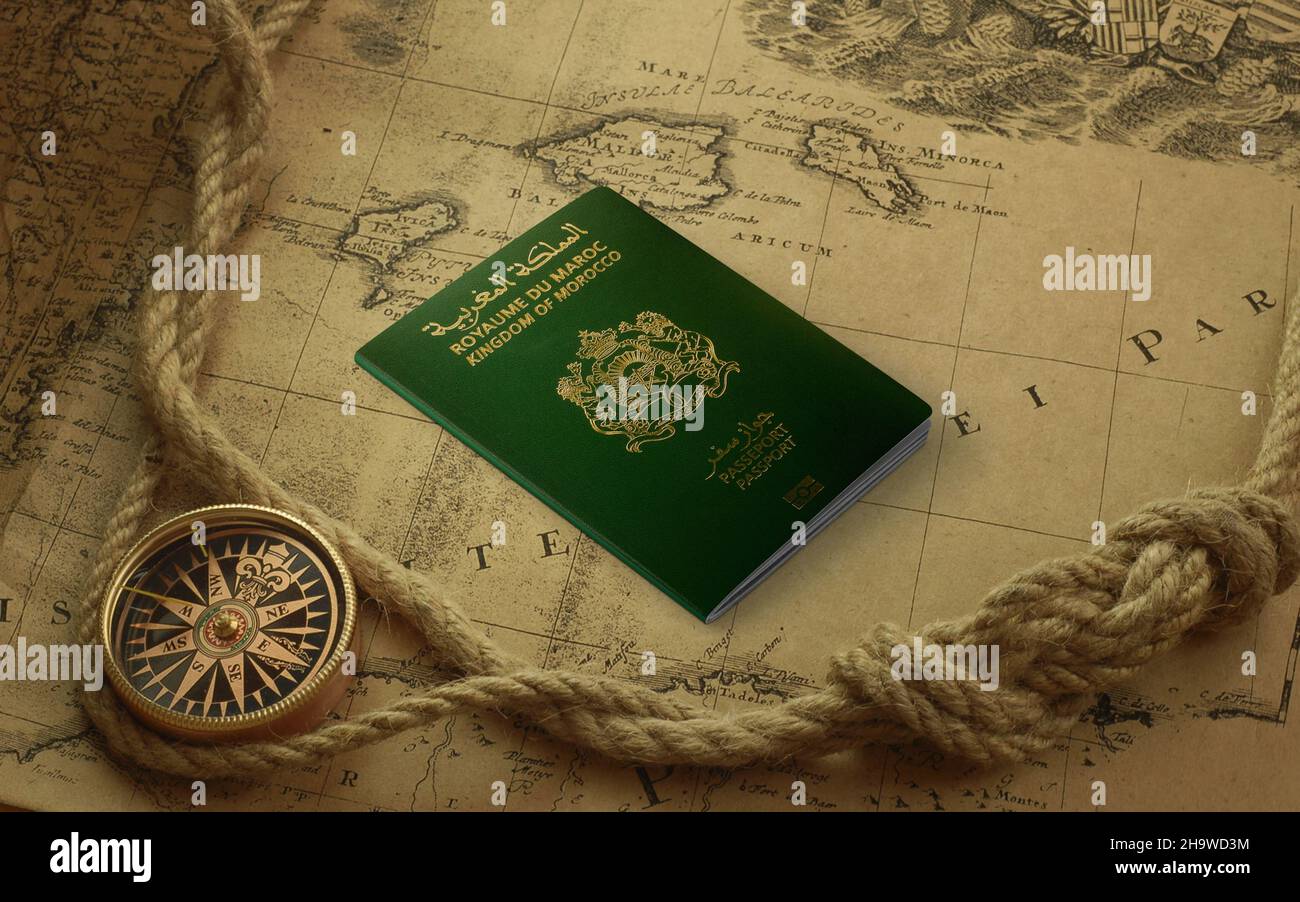 Official passport of Morocco, Moroccan passport on the top of an world ...