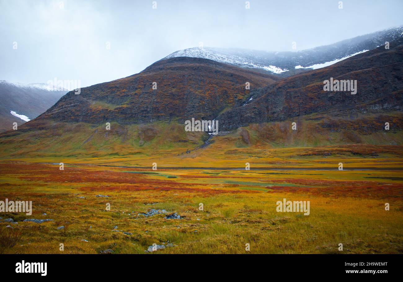 Mountains along Kungsleden hiking trail in the valley between Tjaktja ...