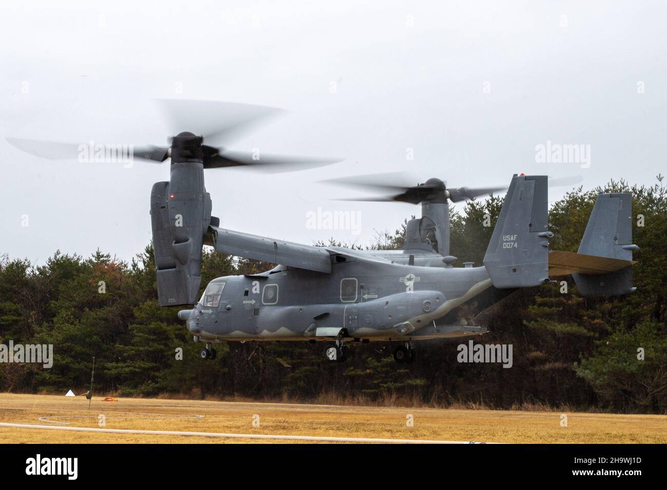 A U.S. Air Force CV-22 Osprey takes off from a Forward arming and ...