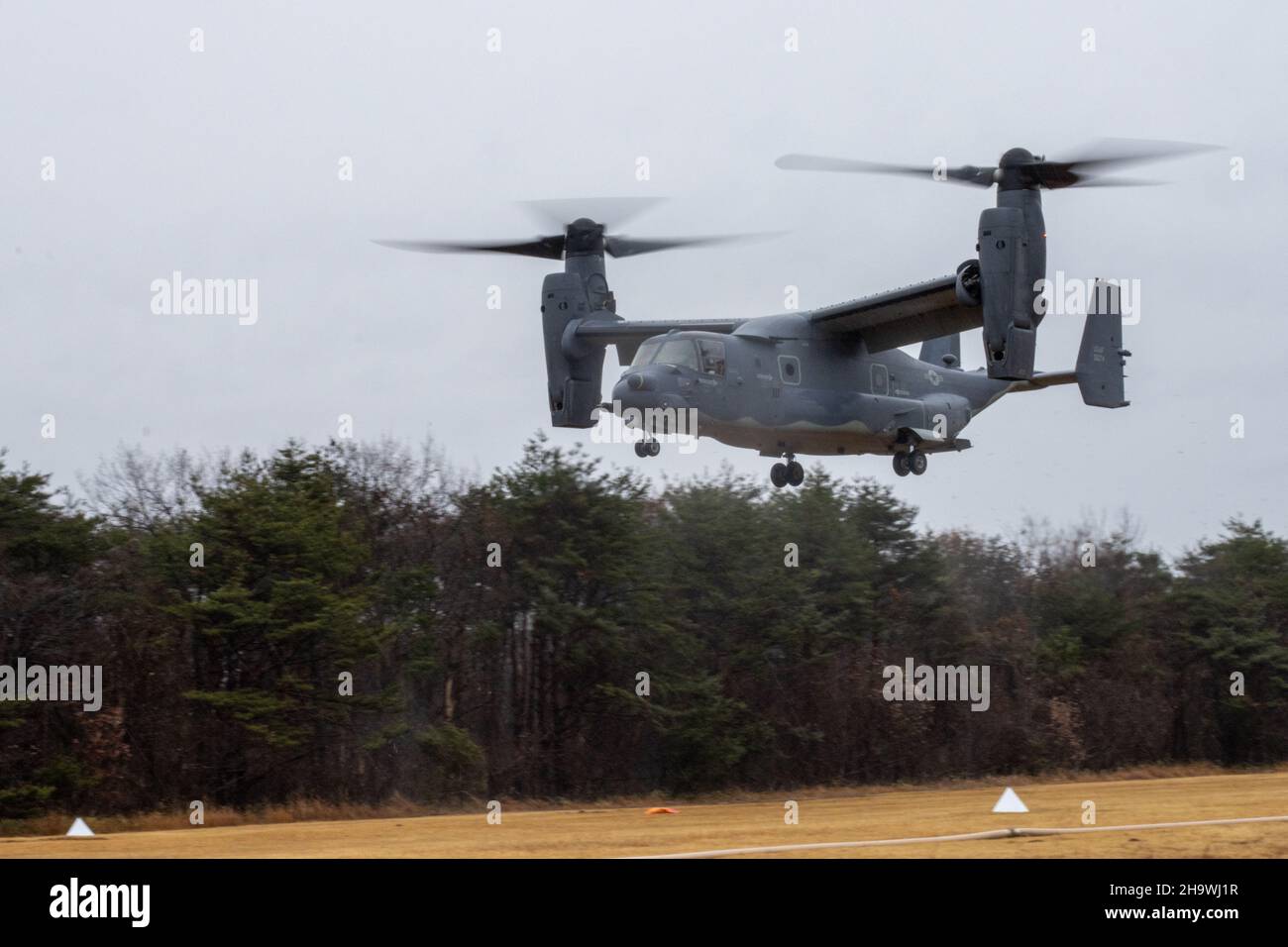 A U.S. Air Force CV-22 Osprey lands at a forward arming and refueling ...