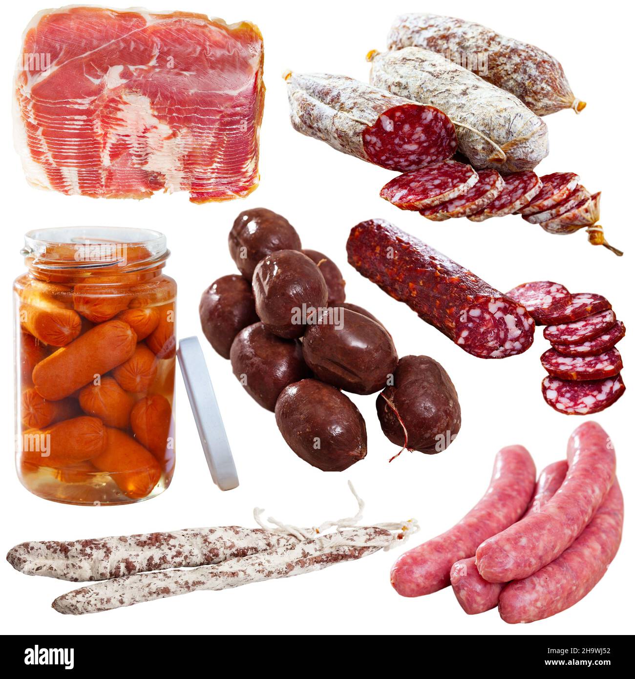 Collage of various meat products isolated on white Stock Photo - Alamy