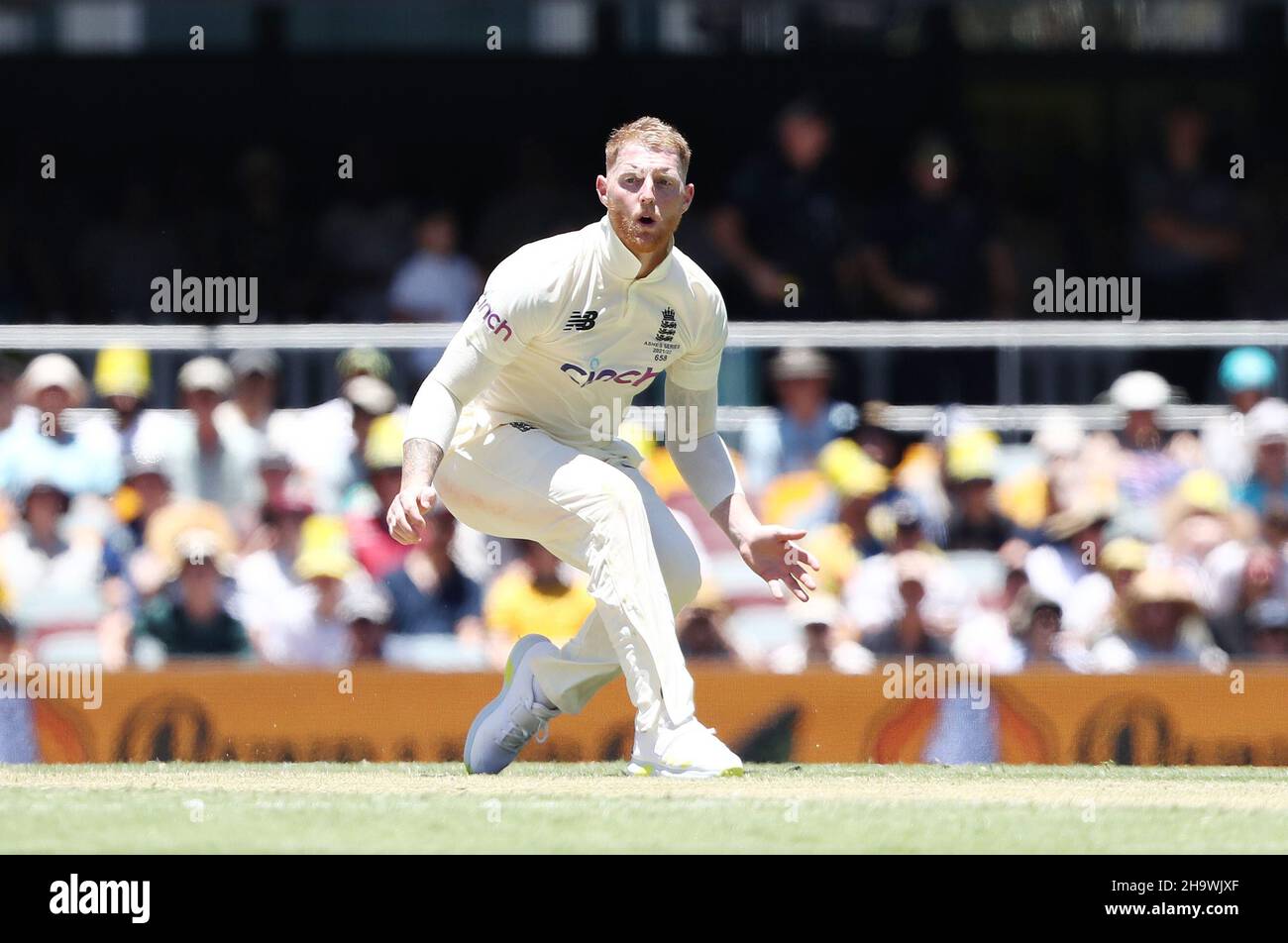 England's Ben Stokes reacts during day two of the first Ashes test at ...