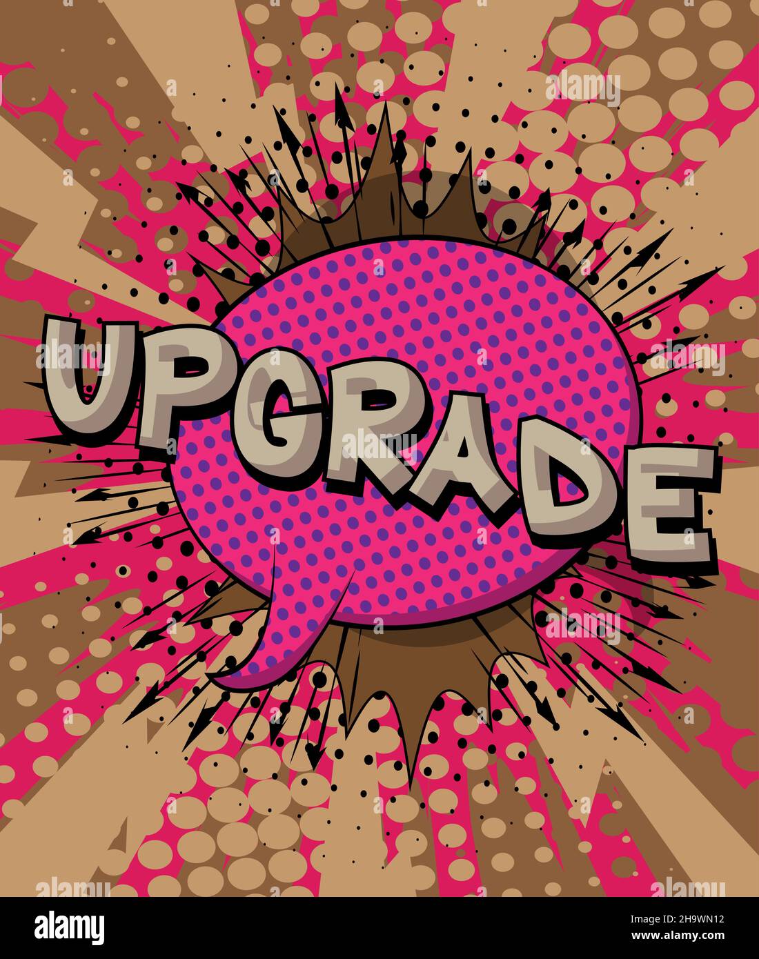 Upgrade. Comic book word text on abstract comics background. Retro pop ...