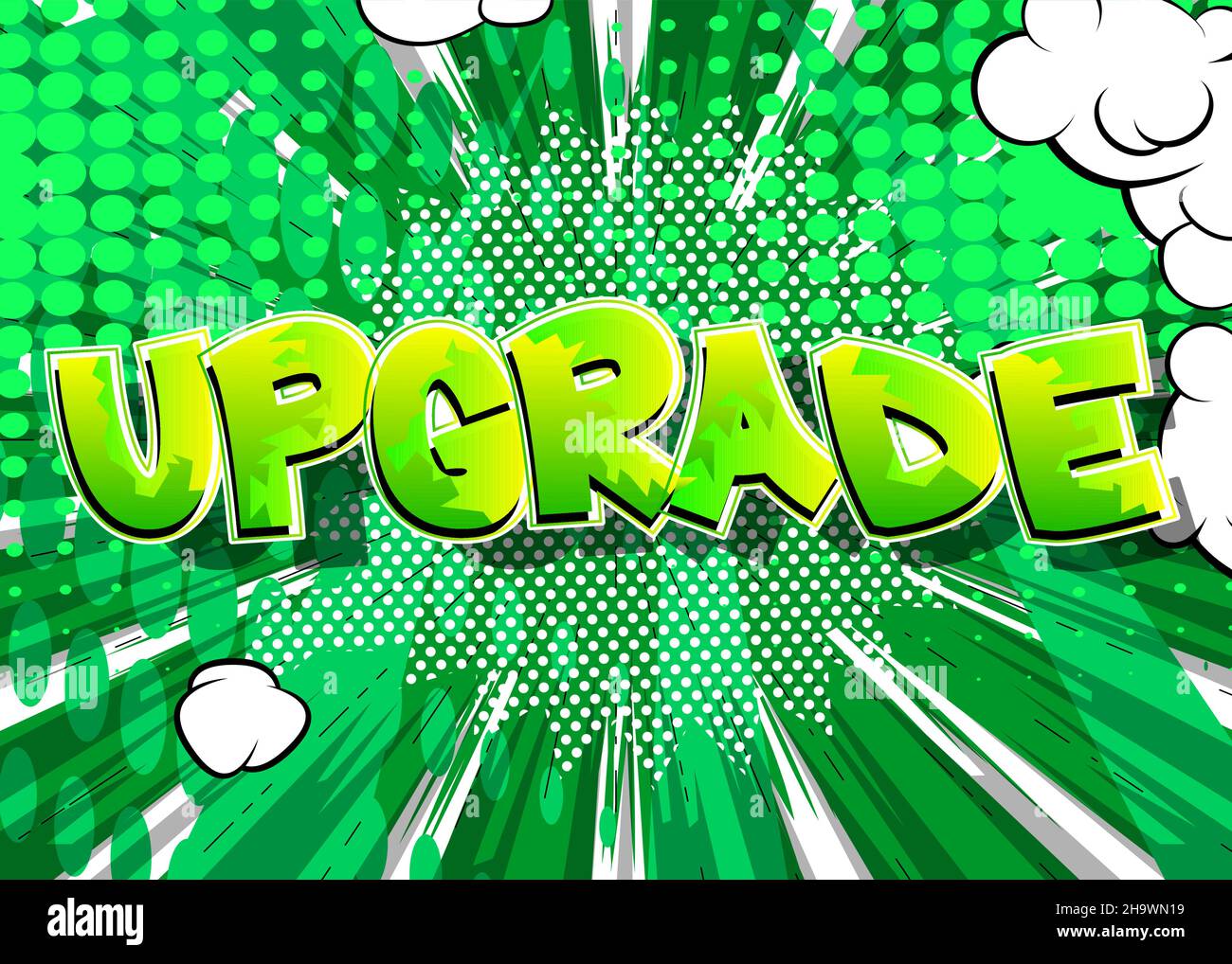 Upgrade. Comic book word text on abstract comics background. Retro pop ...