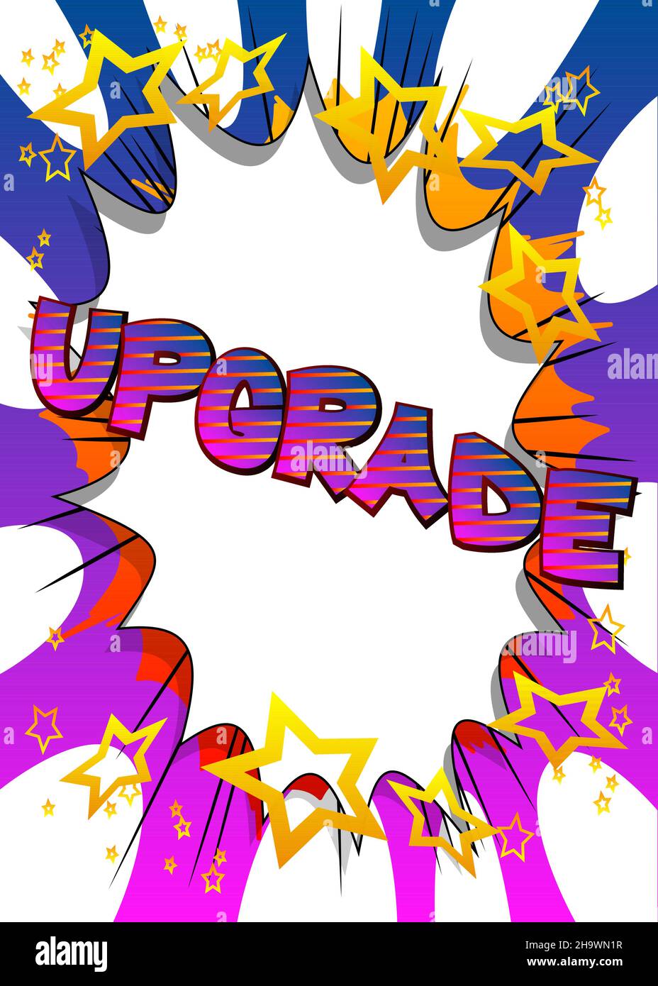 Upgrade. Comic book word text on abstract comics background. Retro pop ...