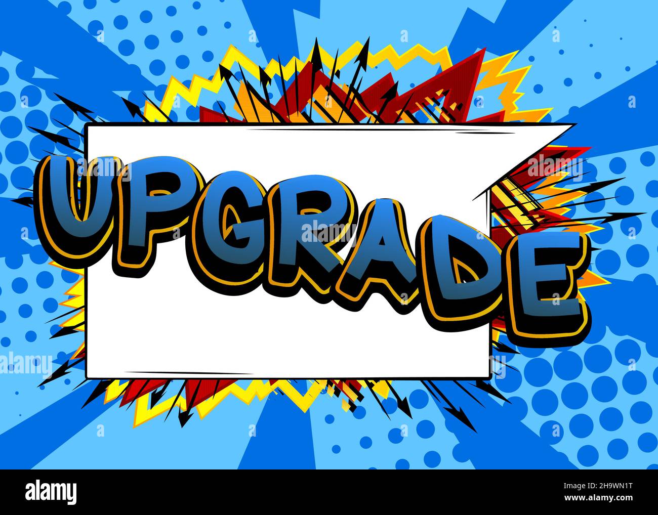 Upgrade. Comic book word text on abstract comics background. Retro pop ...