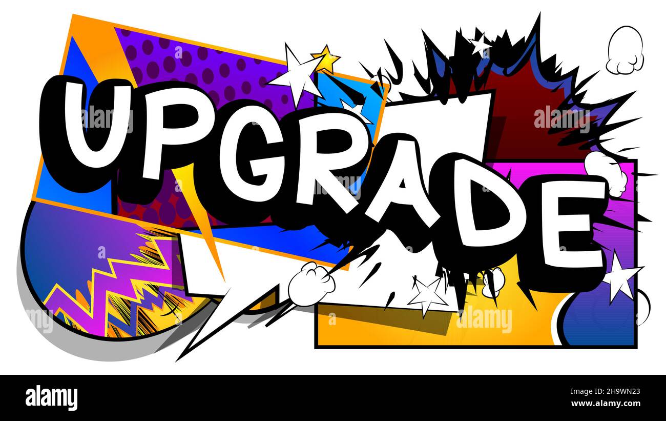 Upgrade. Comic book word text on abstract comics background. Retro pop ...