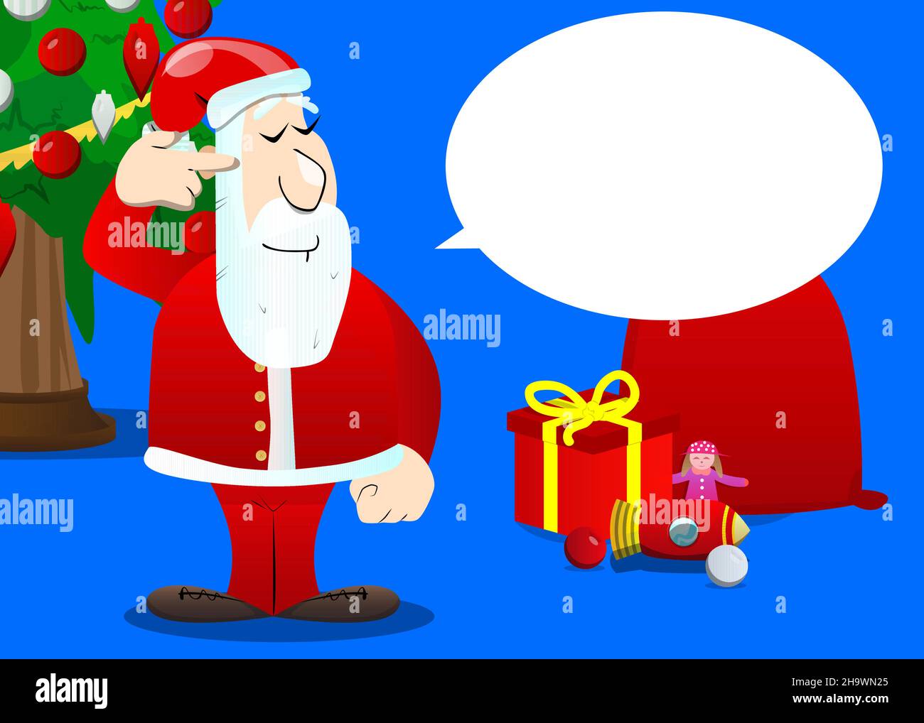 Santa Claus in his red clothes with white beard puting an imaginary gun ...