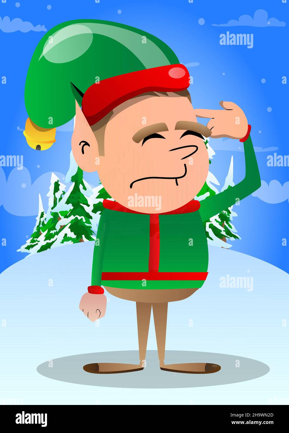 Christmas Elf puting an imaginary gun to his head. Vector cartoon ...