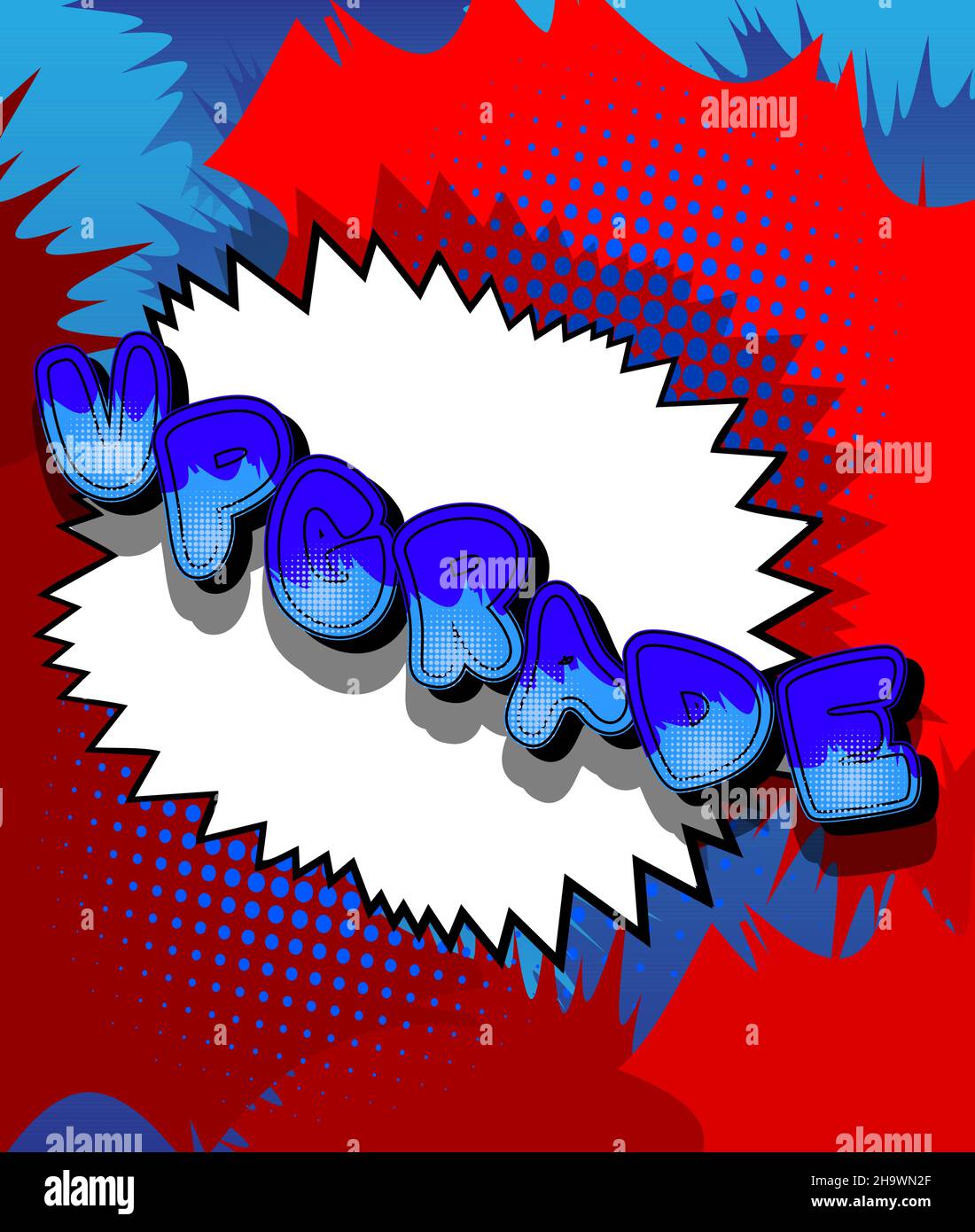 Upgrade. Comic book word text on abstract comics background. Retro pop ...