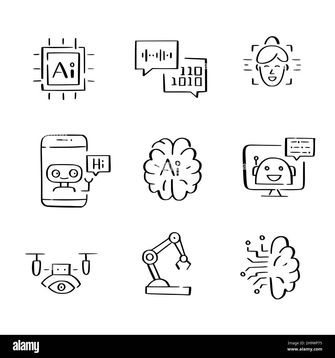 Artificial intelligence doodle icons set. Robotic hand and assistance ...