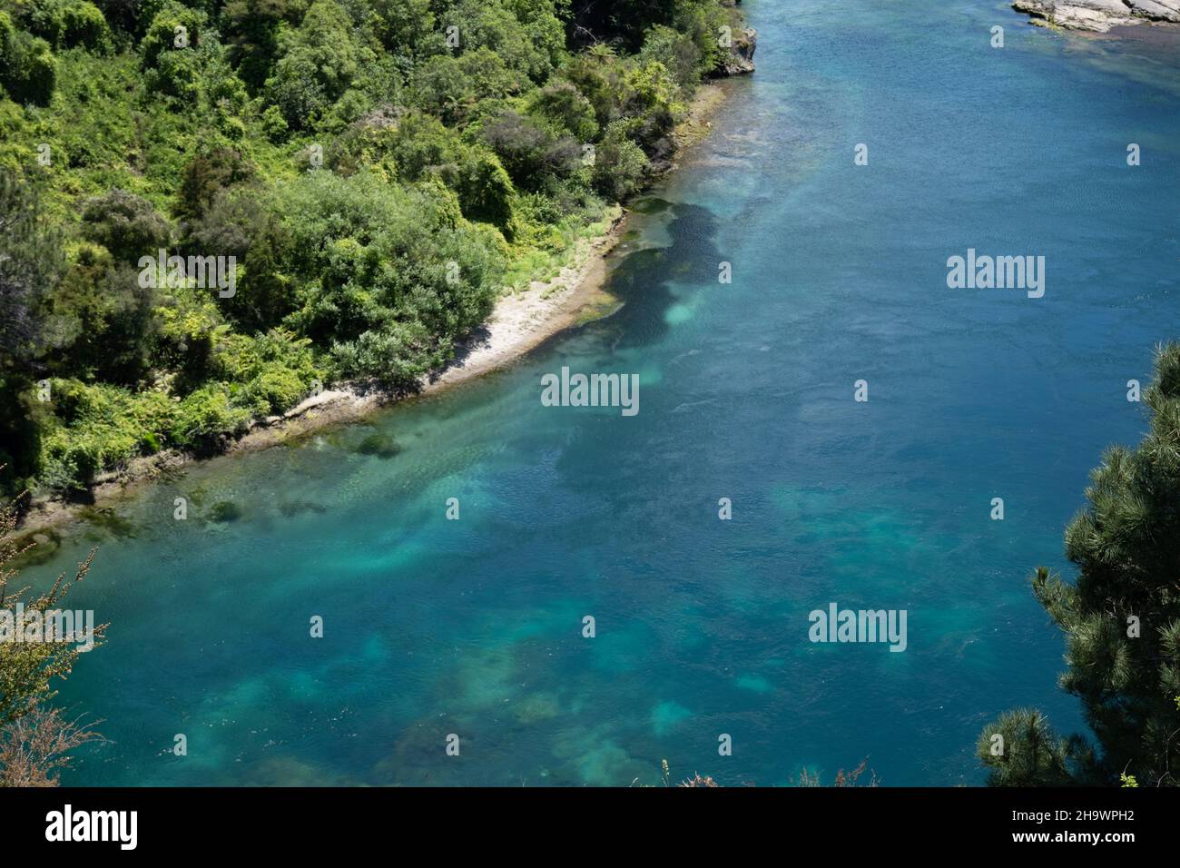 Waikato River below in natural landscape at Taupo as it is flowing ...
