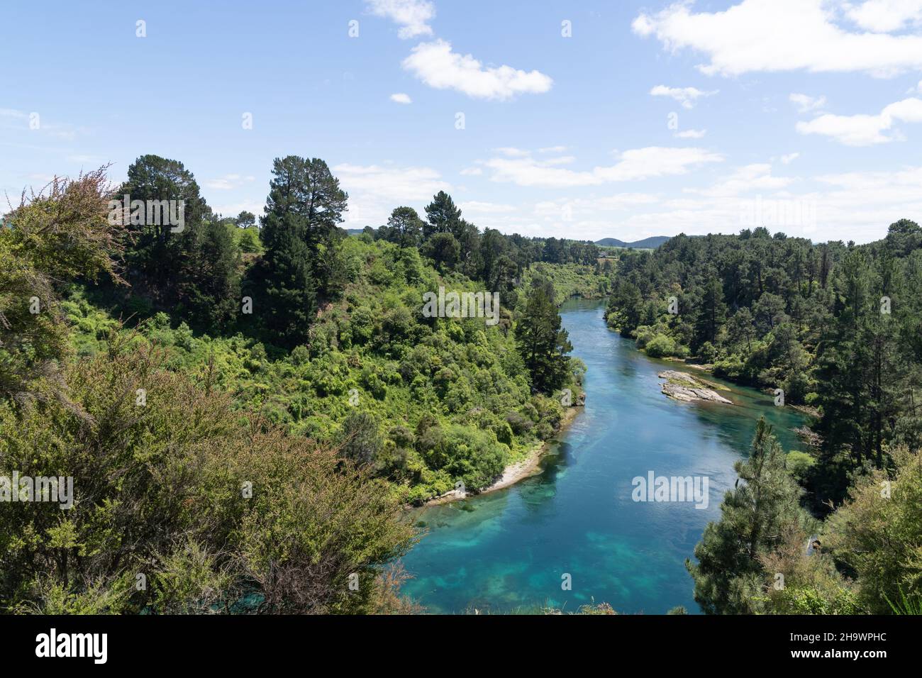 Waikato River below in natural landscape at Taupo as it is flowing ...