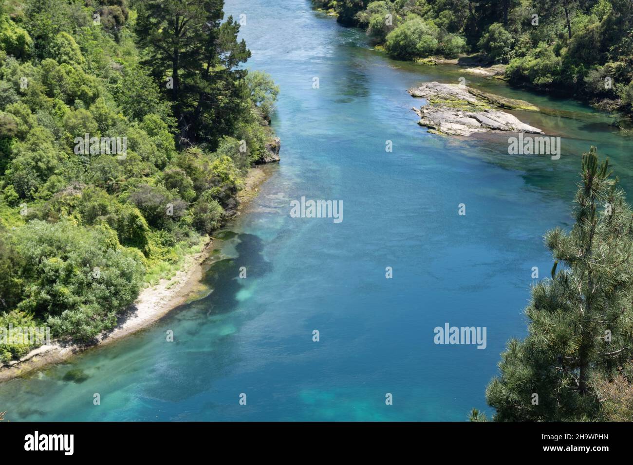 Waikato River below in natural landscape at Taupo as it is flowing ...