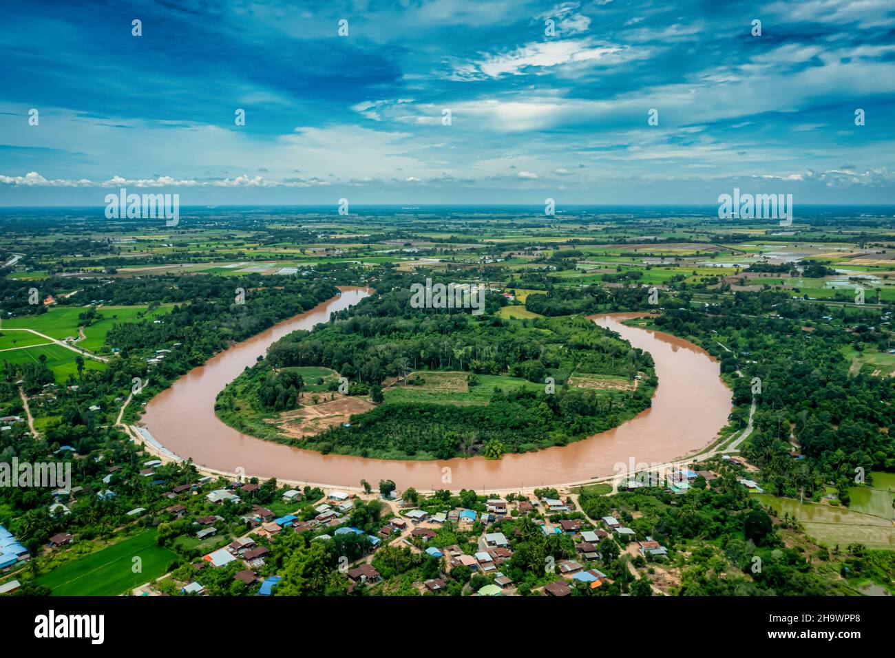 Aerial landscape of river in green field, top view of beautiful nature ...