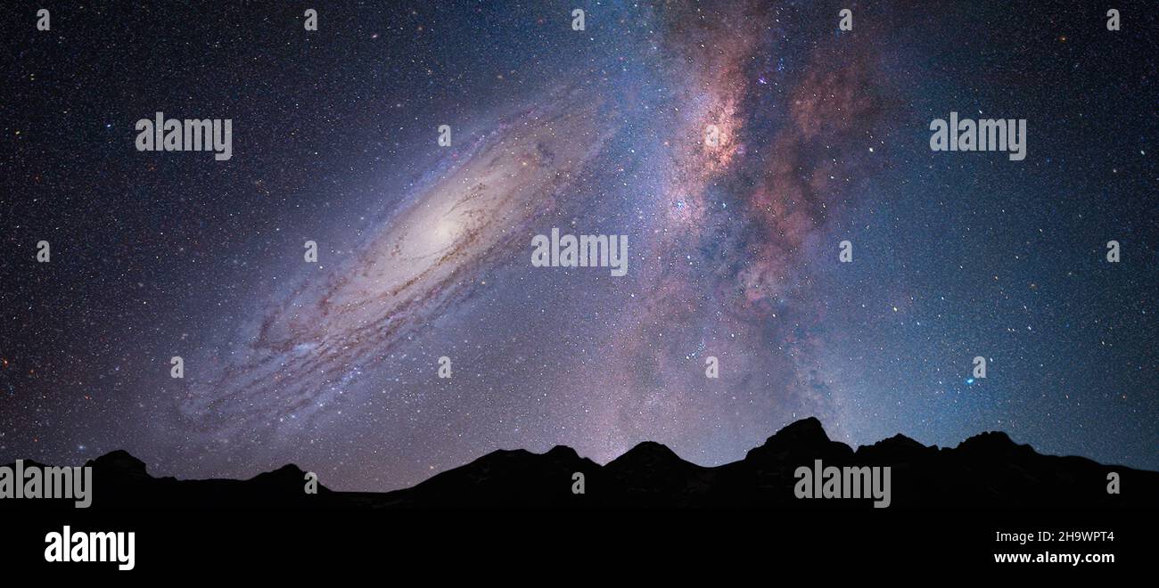 Landscape with Milky way galaxy over mountain. Night sky with stars ...