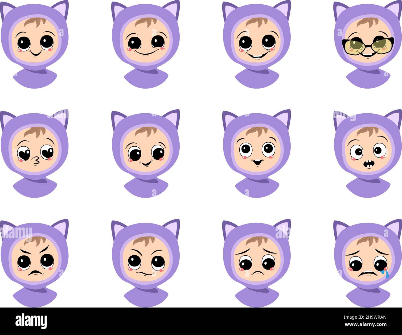 Set of baby avatar with big eyes and wide smile and different emotions ...