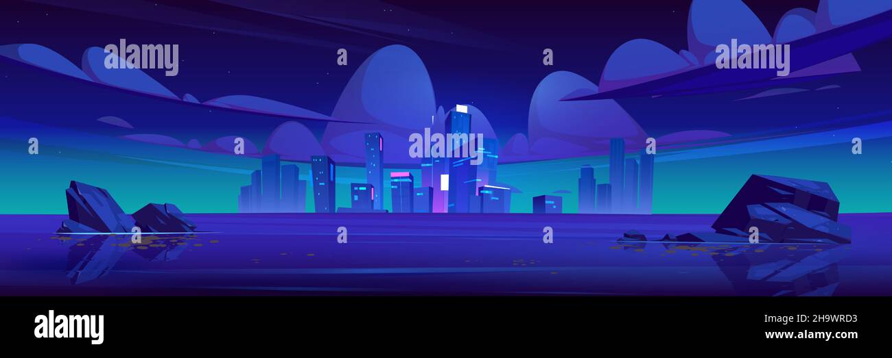 Night city skyline with glowing lights at ocean shore. Futuristic ...