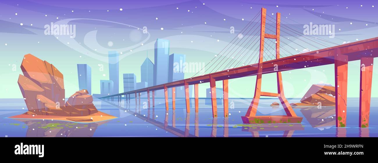 Winter city skyline with bridge over frozen water bay under falling ...