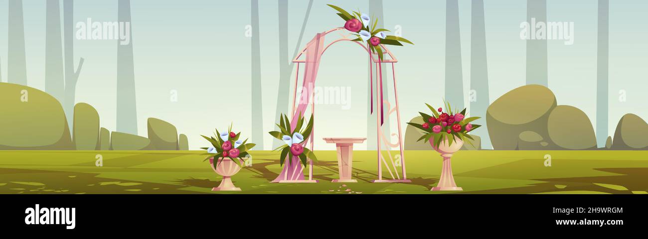 Outdoor wedding reception with floral arch and flowers in pots. Vector ...
