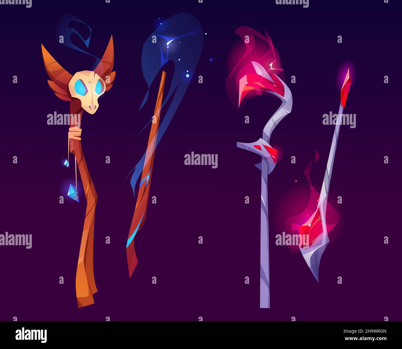 Set of magic wands, wizard staffs or witch sticks with glowing gems ...
