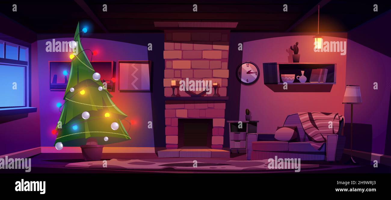 Living room with Christmas tree, fireplace and sofa at night. Vector ...