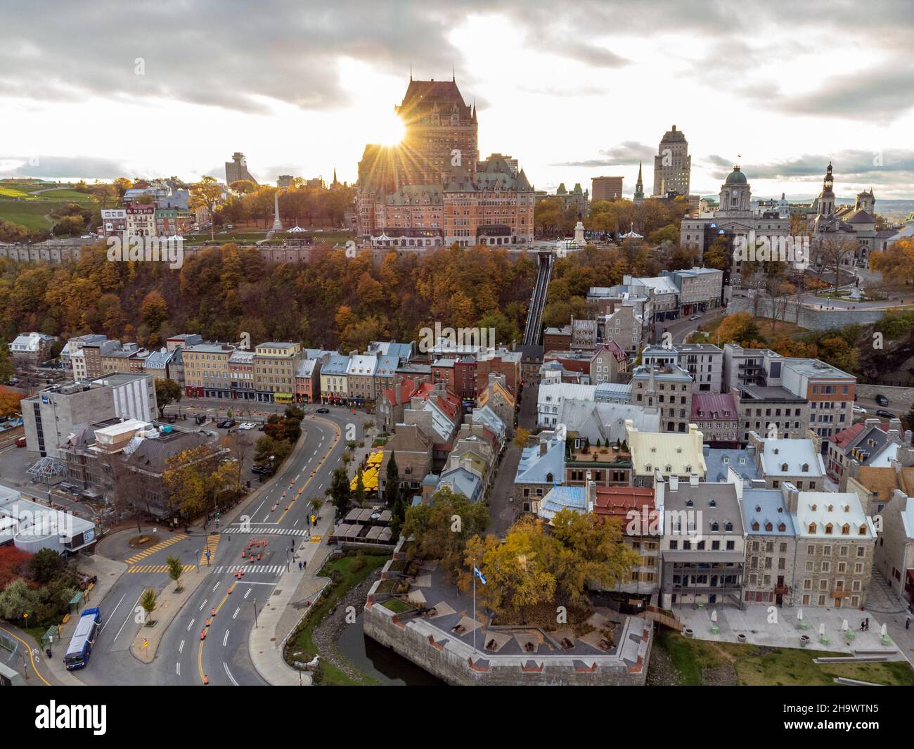 Aerial view of Quebec City Old Town in the fall season sunset time ...