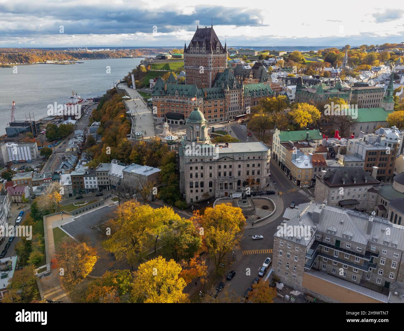 Aerial view of Quebec City Old Town in the fall season sunset time ...