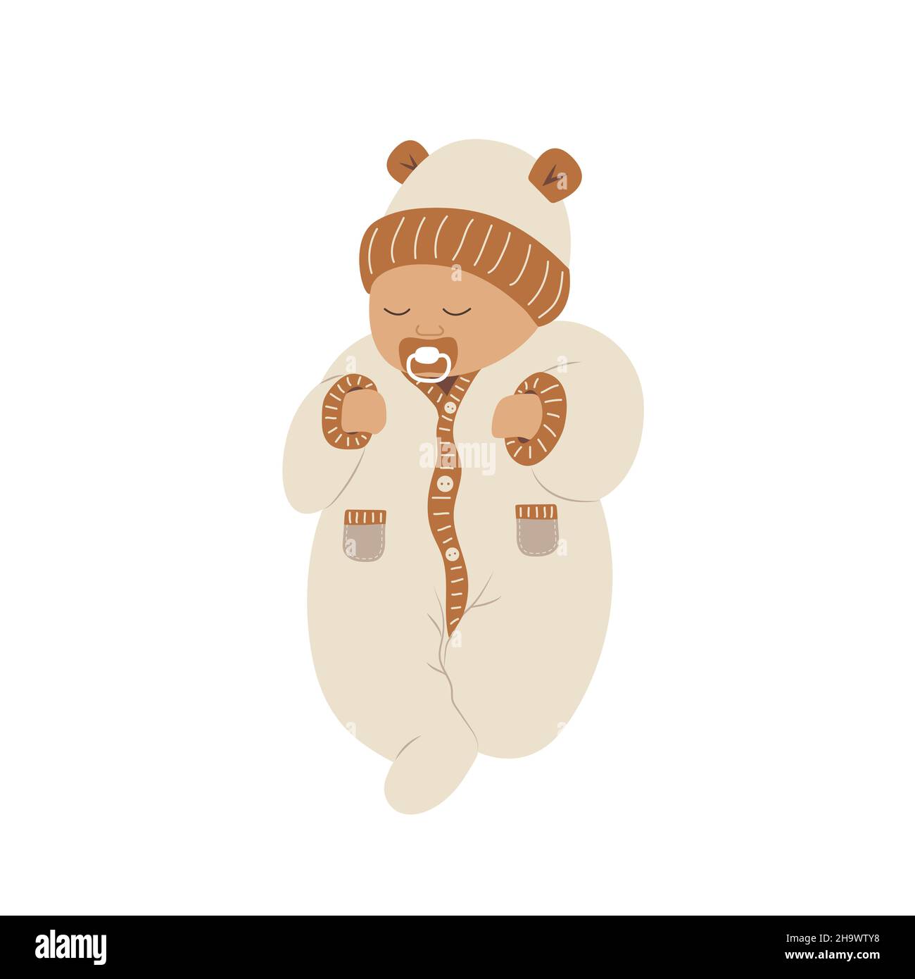 Boho sleeping newborn. Cute baby in scandinavian bed clothes. Healthy ...