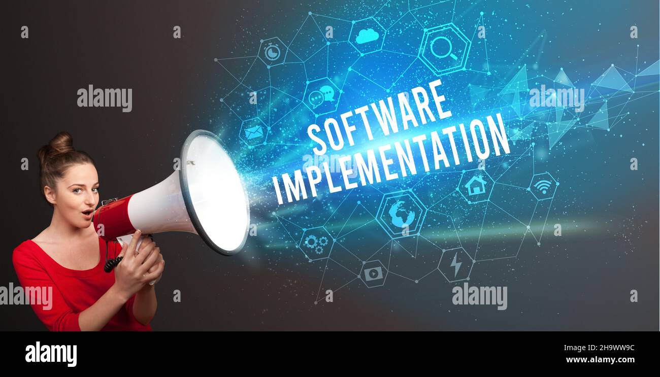 Young woman shouting in megaphone, technology announcement concept ...