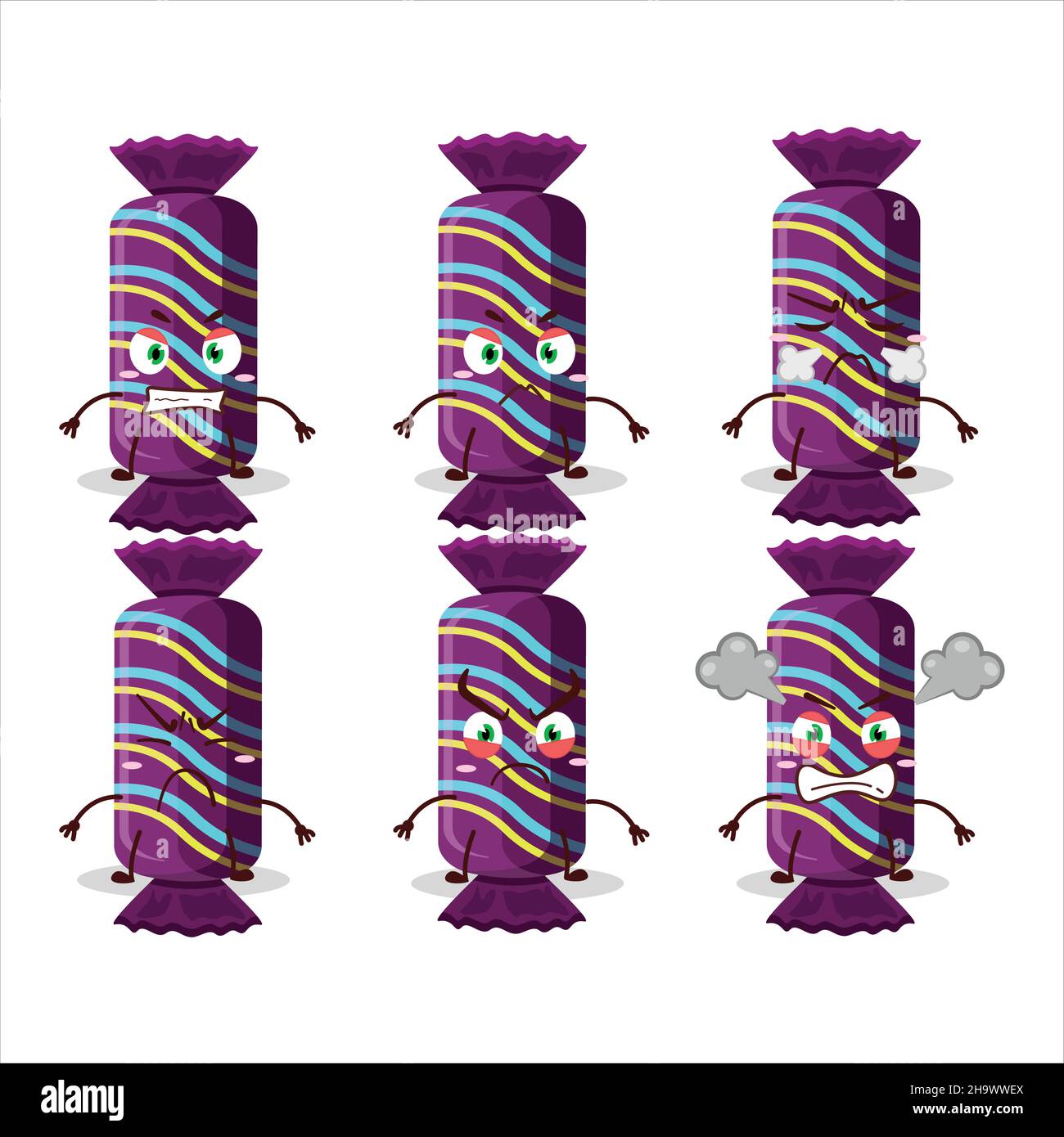 Purple long candy package cartoon character with various angry ...