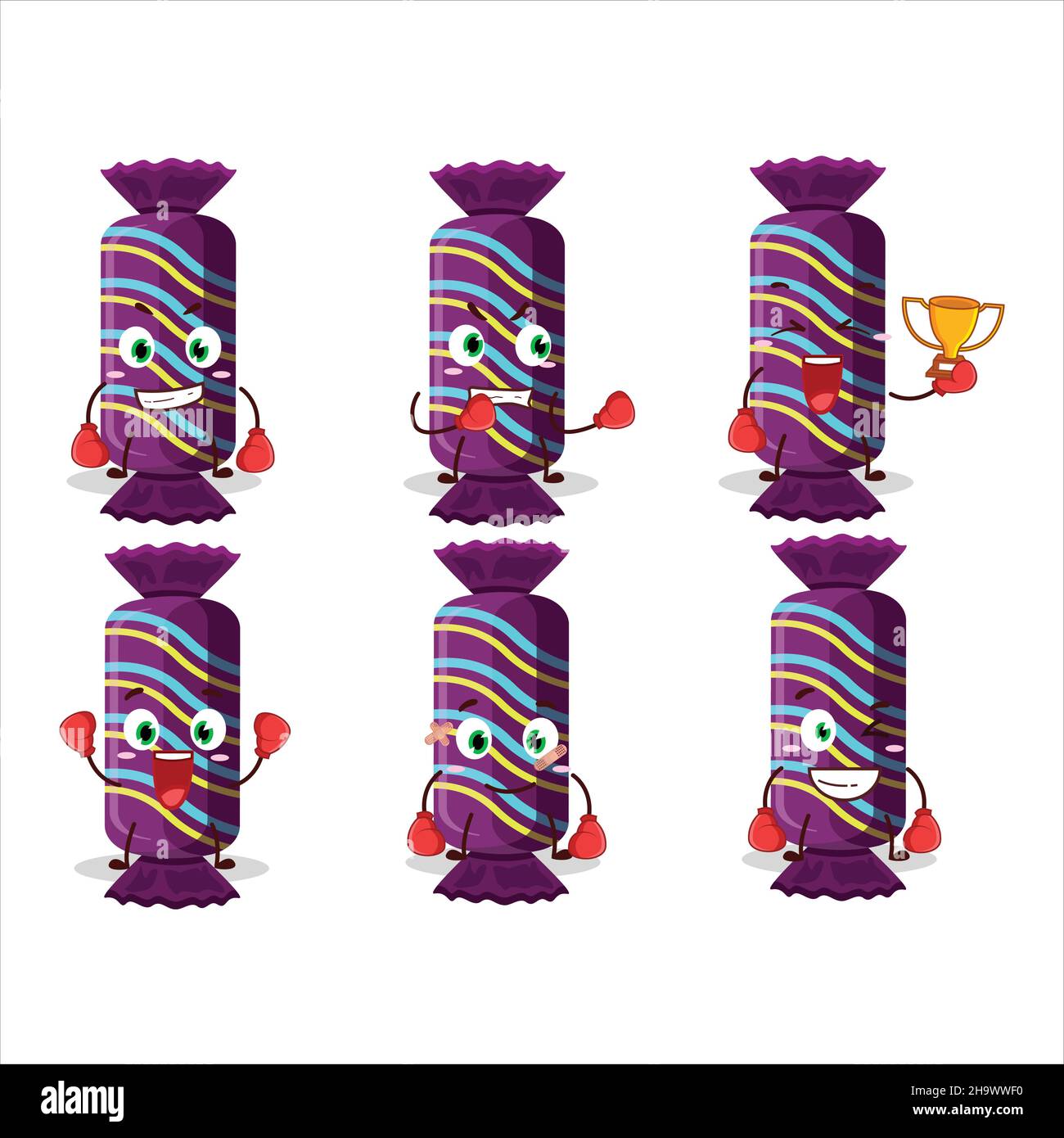 A sporty purple long candy package boxing athlete cartoon mascot design ...