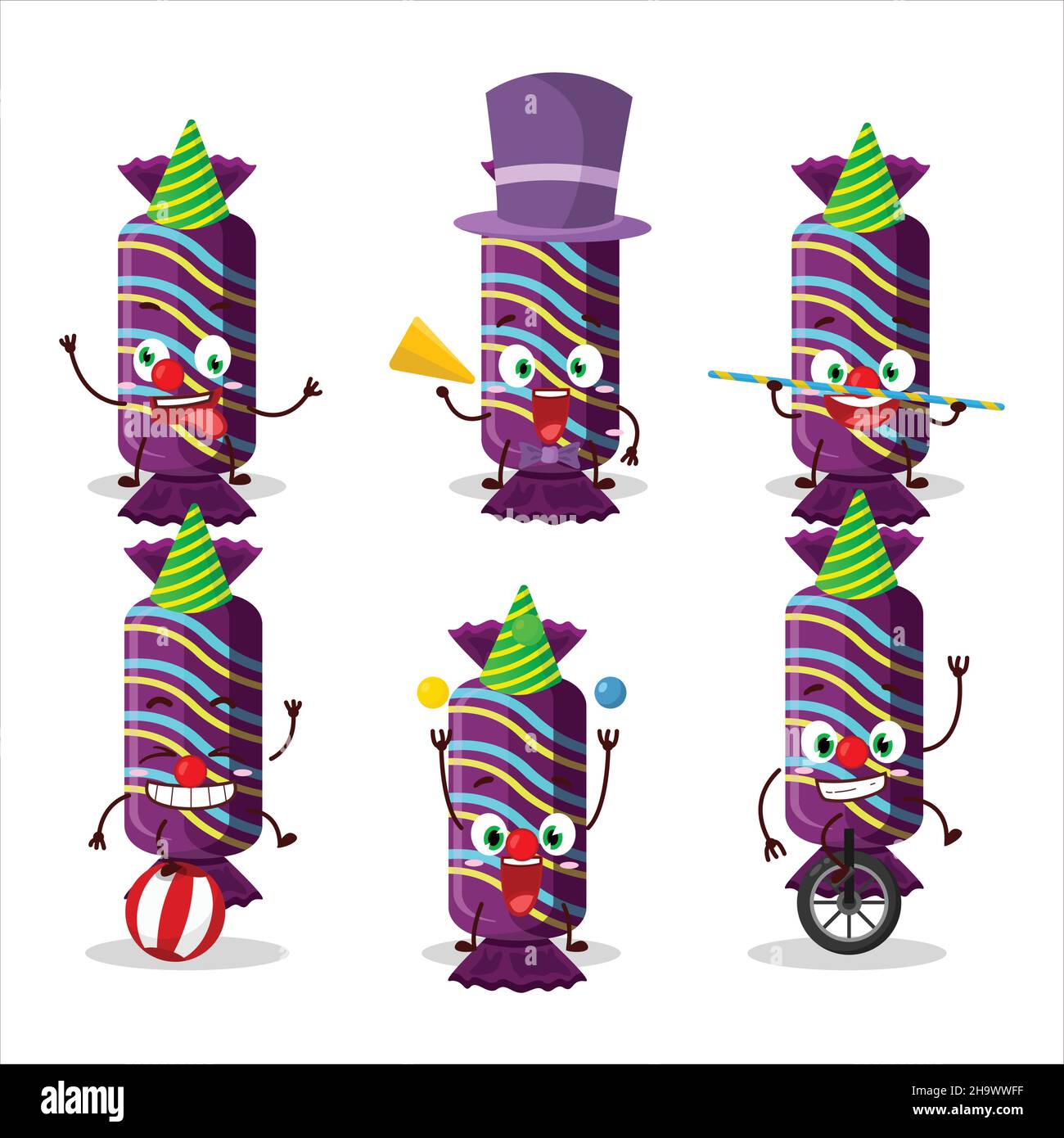 Cartoon character of purple long candy package with various circus ...