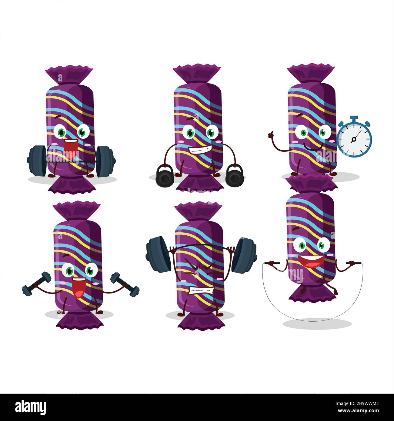 A healthy purple long candy package cartoon style trying some tools on ...