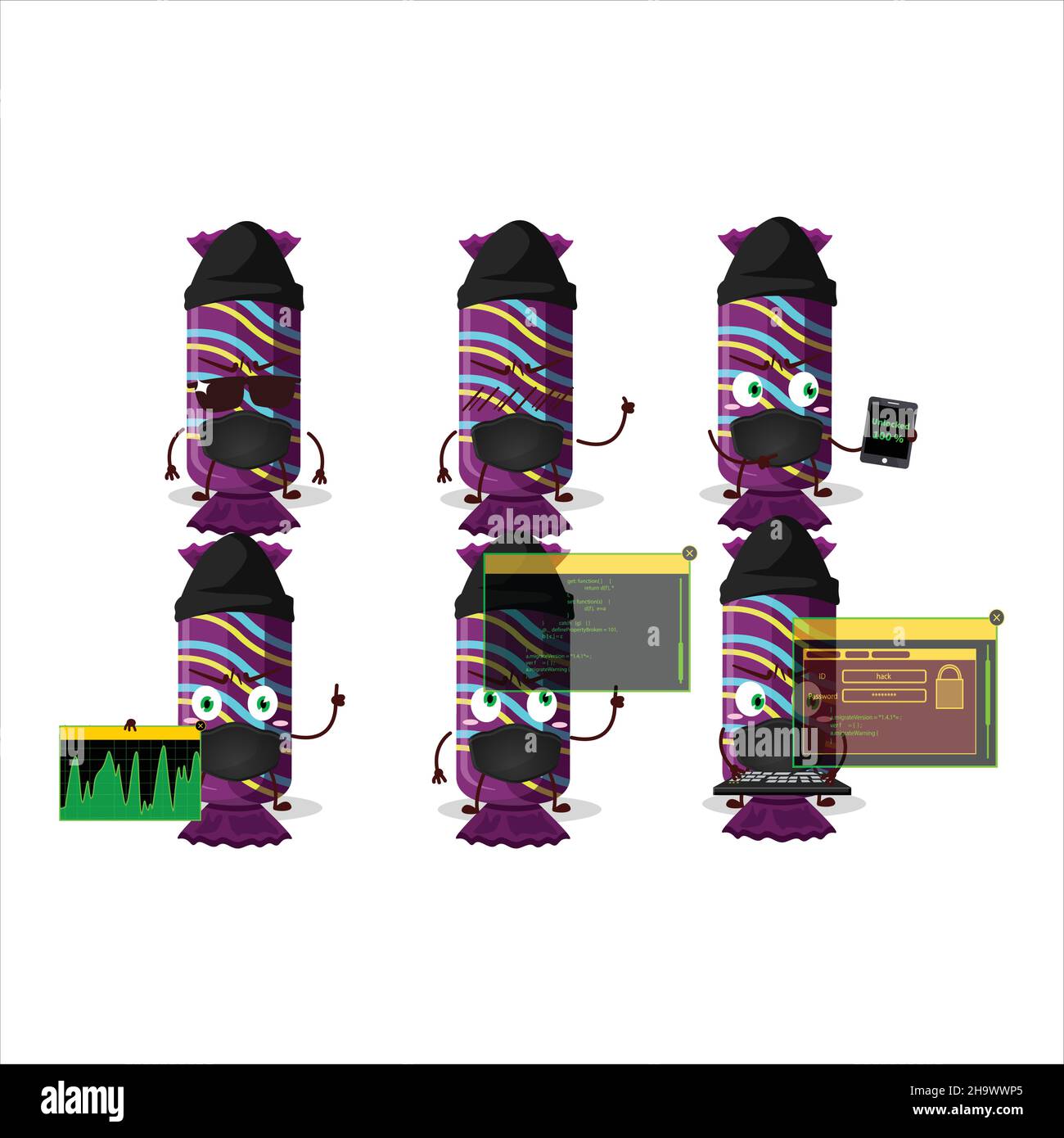 A Hacker purple long candy package character mascot with. Vector ...