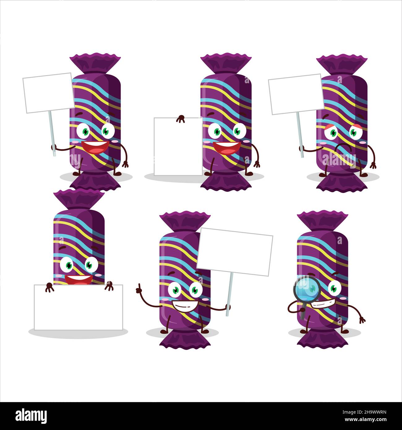 Purple long candy package cartoon character bring information board ...