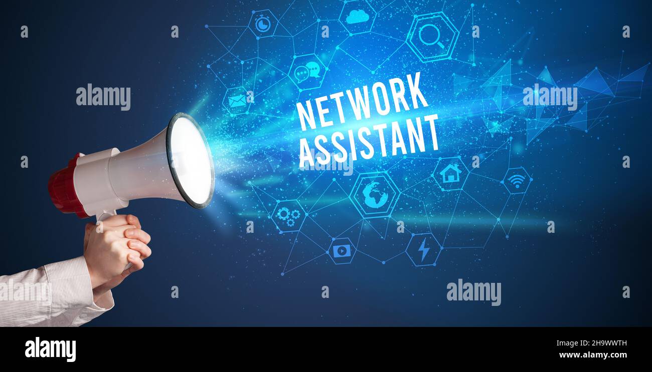 Young woman shouting in megaphone, technology announcement concept ...