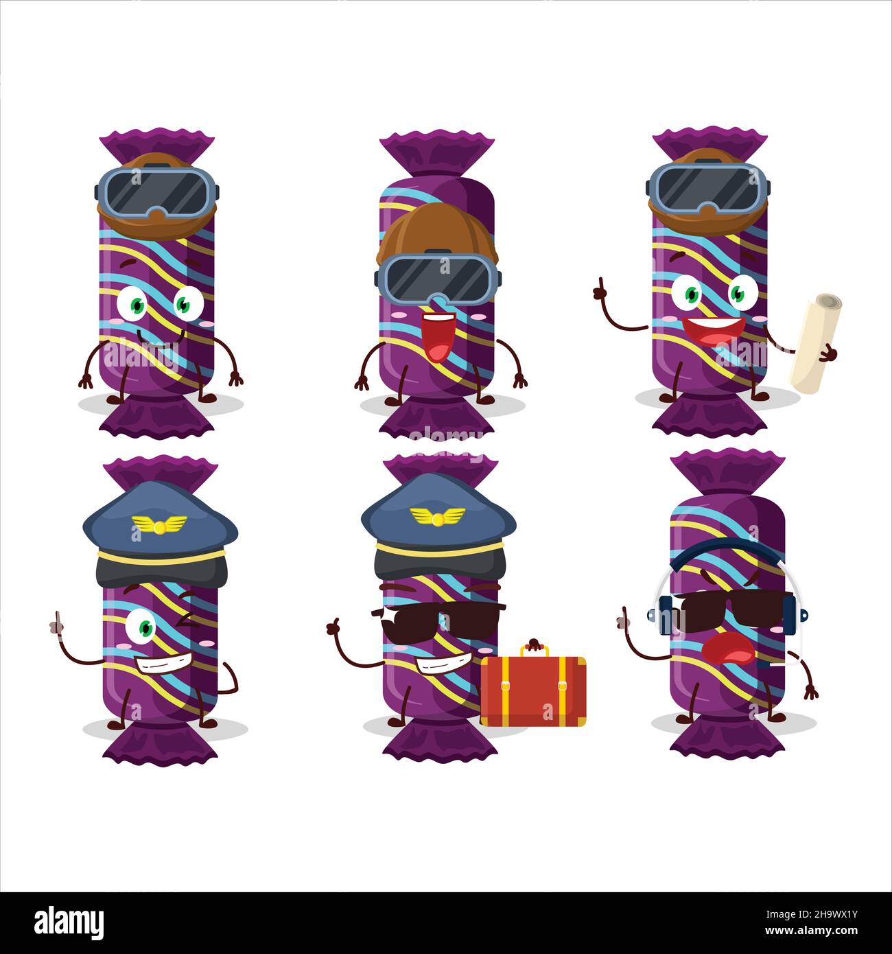 Pilot cartoon mascot purple long candy package with glasses. Vector ...