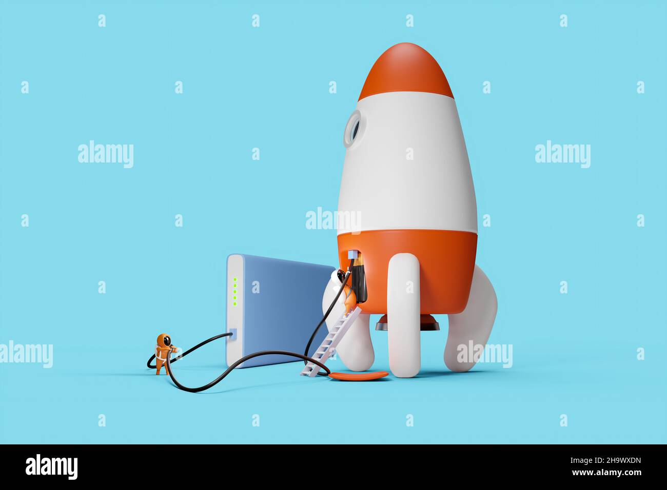 Recharging the business rocket. Cartoon spacemen working with their ...