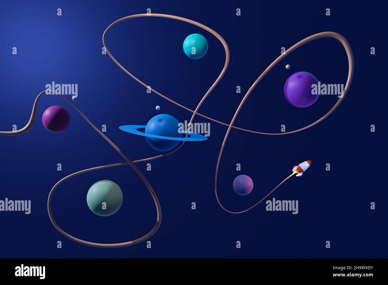 Cartoon space ship manoeuvring between planets. Toon space travel. 3D ...