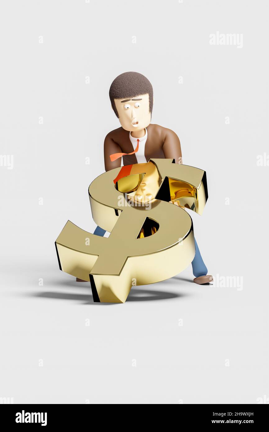 Stylized cartoon business man lifting a huge golden dollar symbol. 3D ...