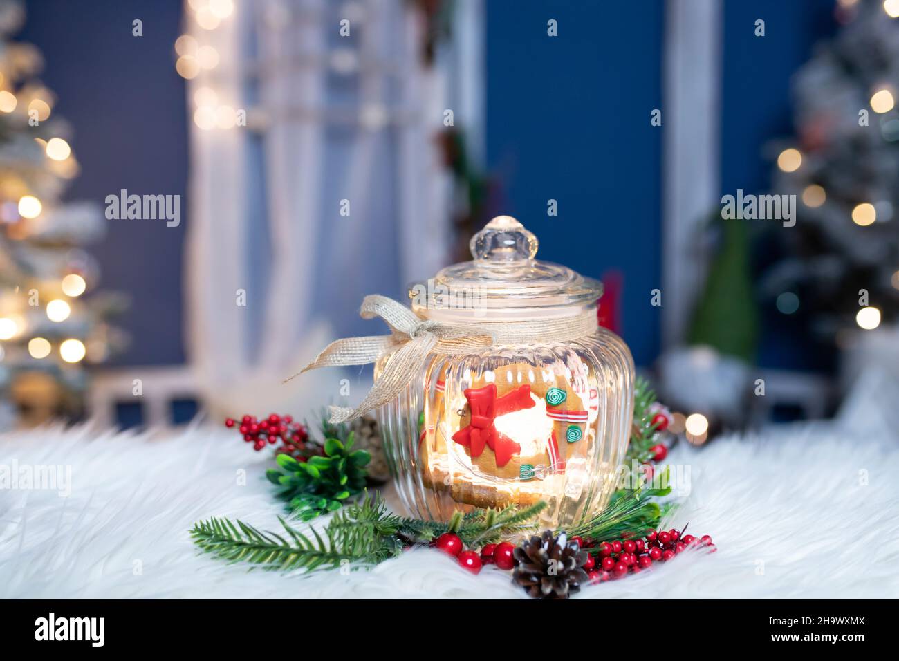 Christmas moody style background with candy jar and Christmas ...