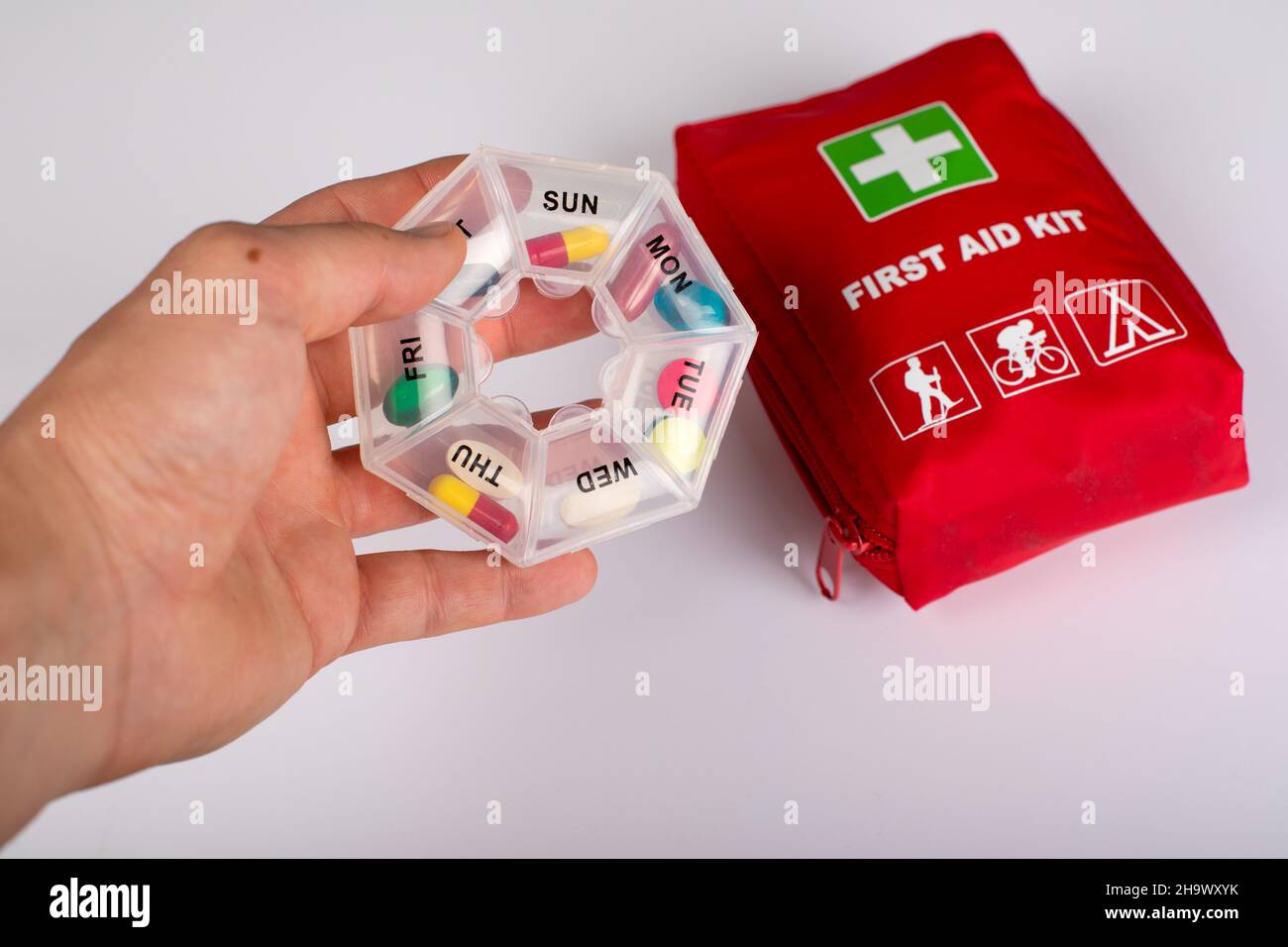Top view of a first aid medical kit on white background Stock Photo - Alamy