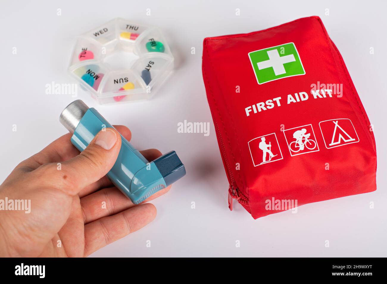 Top view of a first aid medical kit on white background Stock Photo - Alamy